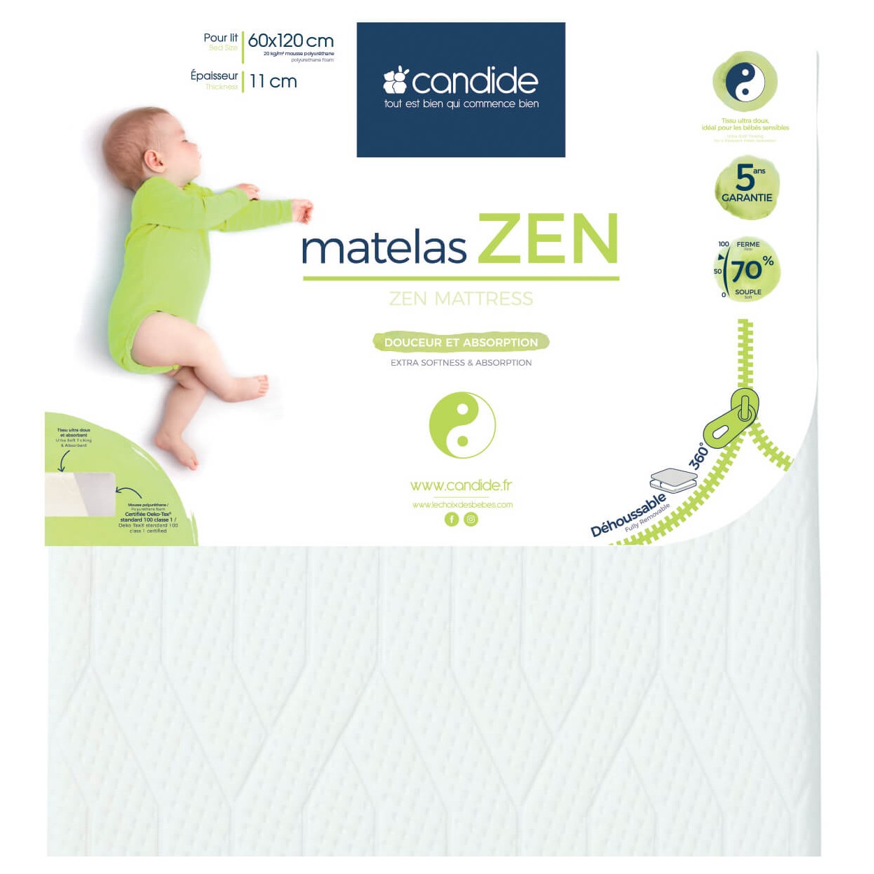 Candide - Zen Mattress With Removable Cover for Bed 60x120cm